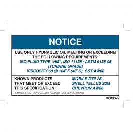 Hydraulic Oil Specs Notice Label